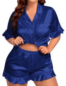 swomog womens plus size pajamas satin silk short sleeve pjs sets ruffle shorts plus 2 piece sleepwear summer pj with pocket navy blue