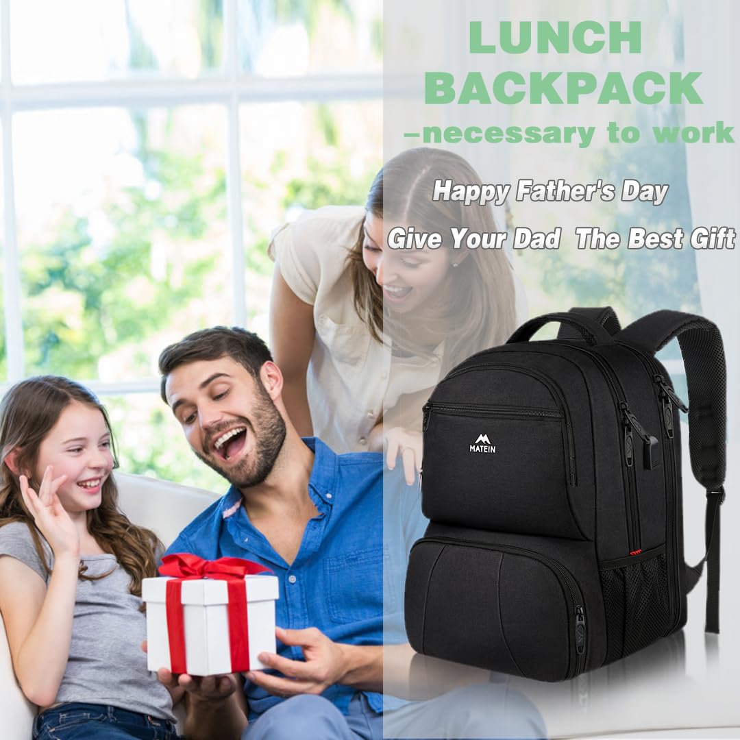 MATEIN Lunch Backpack for Men Work, 18 Inch Large Insulated Backpack Cooler with USB Charging Port, Water Resistant Lunch Box Backpack with Laptop Compartment for Travel Business College Picnic, Black