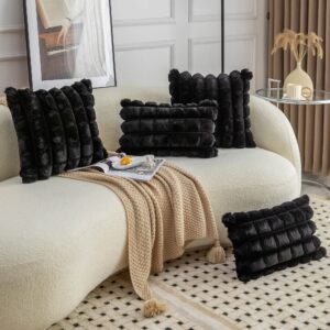 Neelvin Black Faux Fur Cozy Soft Plaid Decorative Throw Pillow Covers 16x16 inch Set of 2,Velvet Pillowcase Cushion Case for Sofa Couch