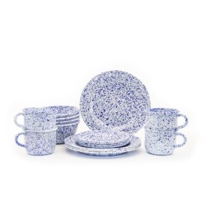 enamelware set for 4 - blue freckles design - 16 pieces - includes: 4 plates of 10" - 4 plates of 7" - 4 bowls - 4 mugs - suggested for home, party and outdoor activities