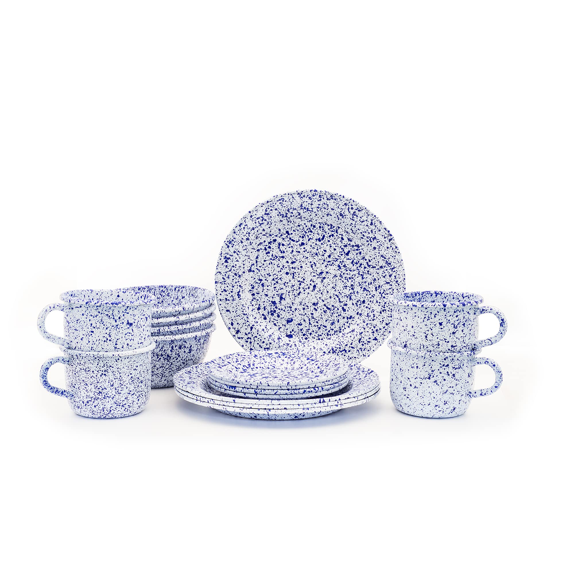 Enamelware Set for 4 - Blue Freckles Design - 16 Pieces - Includes: 4 Plates of 10" - 4 Plates of 7" - 4 Bowls - 4 Mugs - Suggested for Home, Party and Outdoor Activities