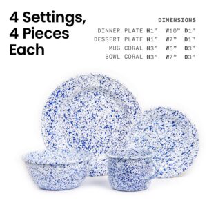 Enamelware Set for 4 - Blue Freckles Design - 16 Pieces - Includes: 4 Plates of 10" - 4 Plates of 7" - 4 Bowls - 4 Mugs - Suggested for Home, Party and Outdoor Activities