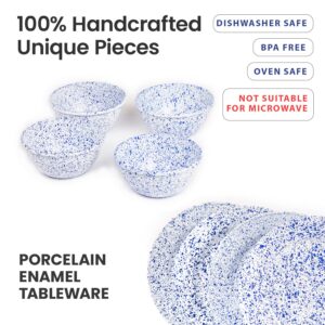 Enamelware Set for 4 - Blue Freckles Design - 16 Pieces - Includes: 4 Plates of 10" - 4 Plates of 7" - 4 Bowls - 4 Mugs - Suggested for Home, Party and Outdoor Activities