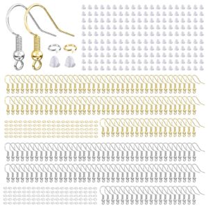 hypoallergenic earring hooks, 600 pcs earring making supplies kit with earring hooks, jump rings and earring backs for jewelry making (silver and gold)