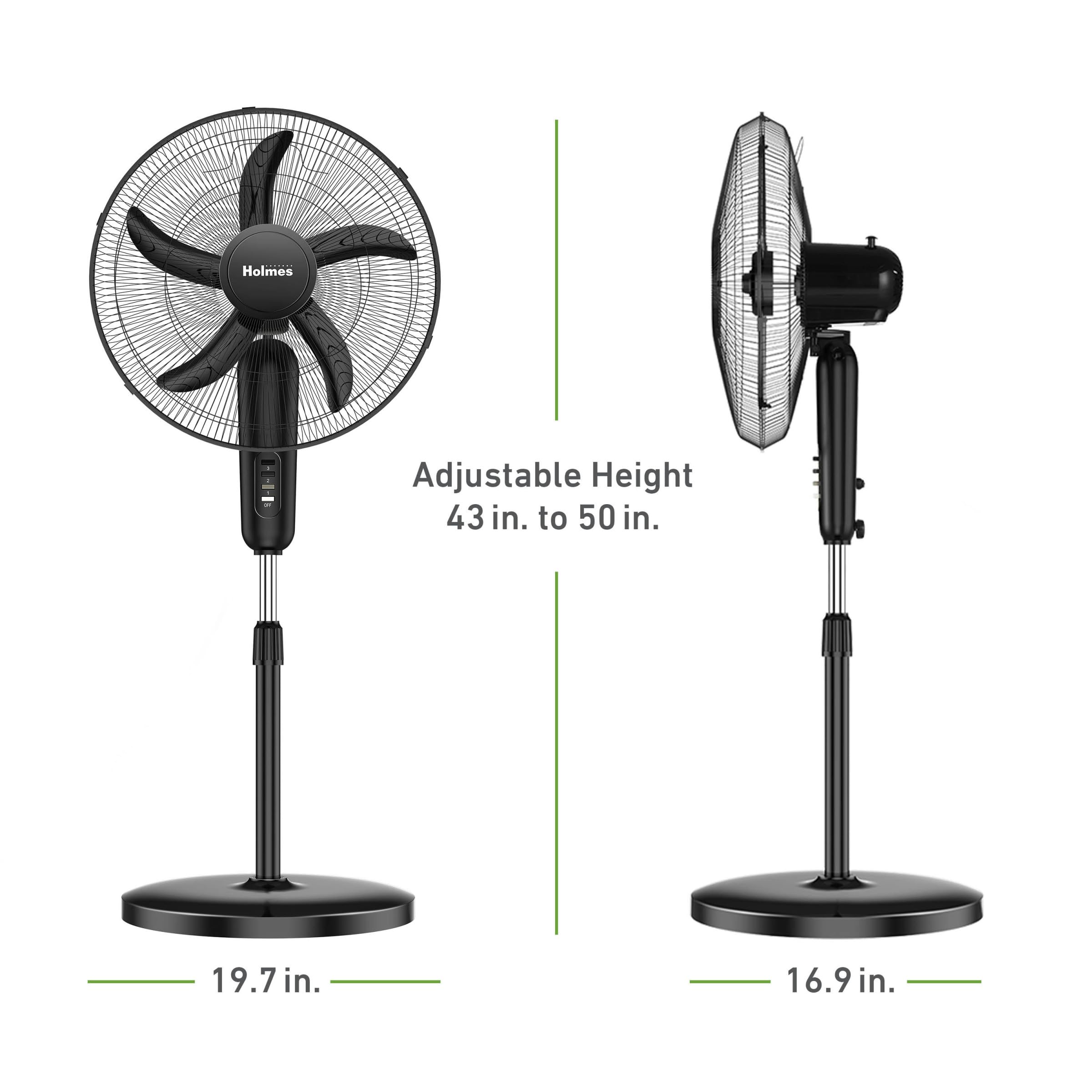 HOLMES 18" Stand Fan, 75° Oscillation, 3 Speeds, 5 Blades, Adjustable Height, 25° Head Tilt, Ideal for Home, Bedroom or Office, Black