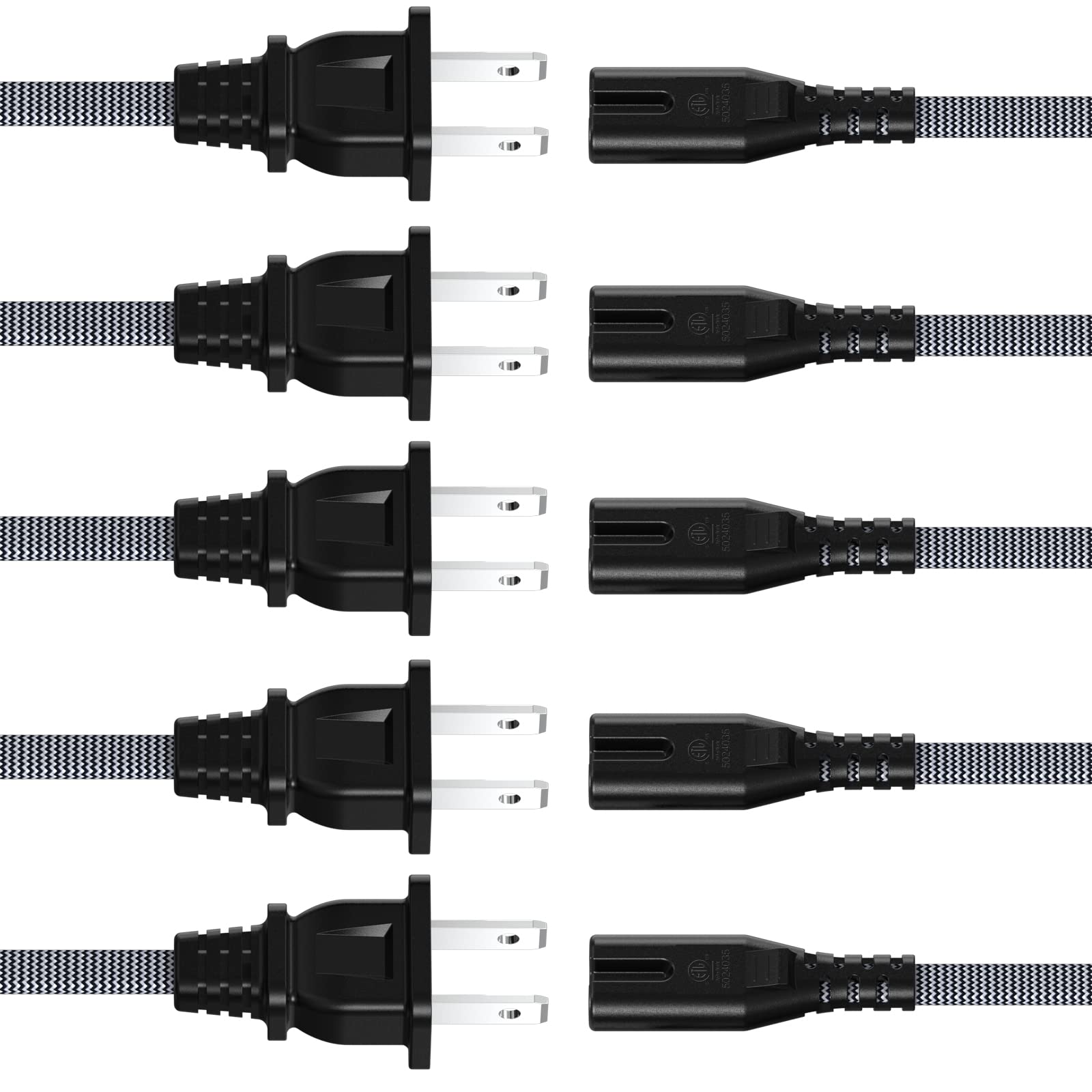 AC Power Cord 3FT(5 Pack), 2 Prong TV Power Cord, Nylon Braid Cable Replacement for Xbox One S, Xbox One X, Xbox Series X, PS3, PS4, PS5, Compatible for Printer, Monitor, Sound Bar, Game Console