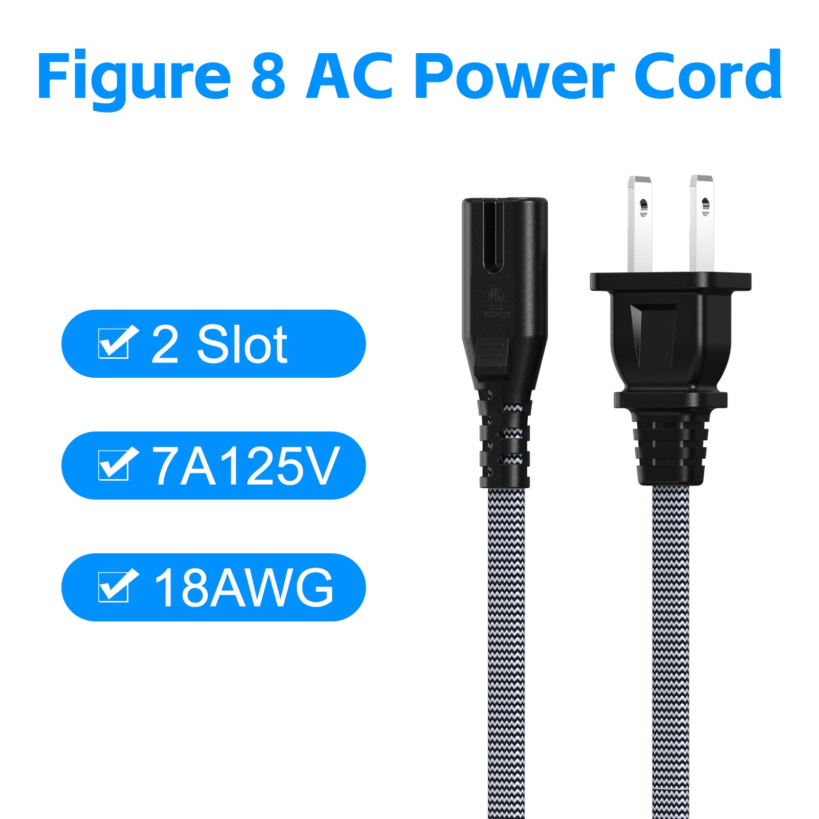 AC Power Cord 3FT(2 Pack), 2 Prong TV Power Cord, Nylon Braid Cable Replacement for Xbox One S, Xbox One X, Xbox Series X, PS3, PS4, PS5, Compatible for Printer, Monitor, Sound Bar, Game Console