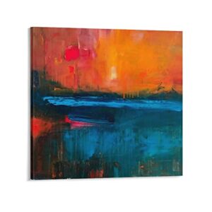 hand painted abstract sunset oil painting modern red blue impressionist palette art bedroom bathroom office bar wall decor paintings28x28inch(70x70cm)