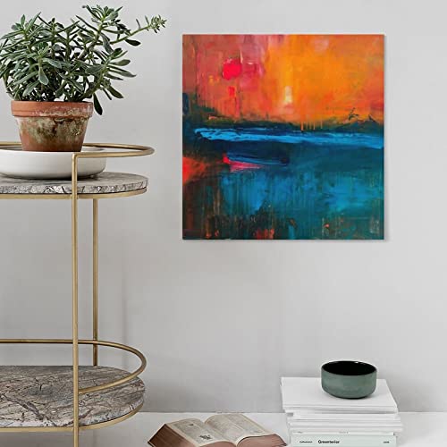 Hand Painted Abstract Sunset Oil Painting Modern Red Blue Impressionist Palette Art Bedroom Bathroom Office Bar Wall Decor Paintings28x28inch(70x70cm)