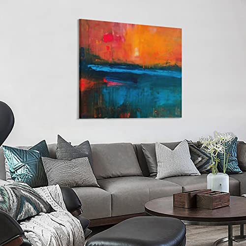 Hand Painted Abstract Sunset Oil Painting Modern Red Blue Impressionist Palette Art Bedroom Bathroom Office Bar Wall Decor Paintings28x28inch(70x70cm)