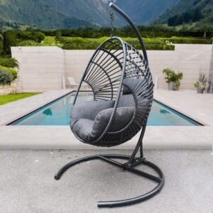 outdoor indoor black color pe wicker swing egg chair with antracite color cushion and black color base