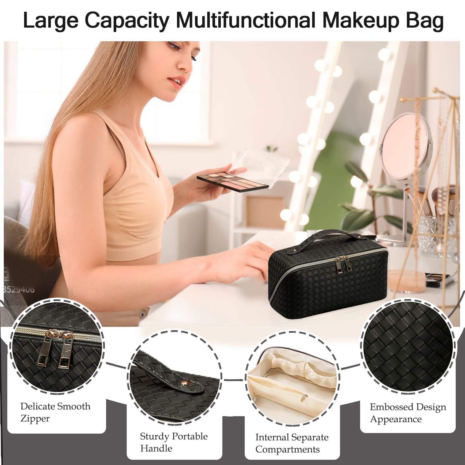 GOLDORANGE Everything Cosmetic Bag, 2023 New Big Checkered Makeup Bag with Handle Divider Portable Flat Lay Makeup Organizer Bag Lightweight PU Leather for Girl and Women, Woven Black