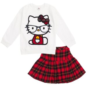 hello kitty little girls fleece sweatshirt and skirt plaid white/red 7-8