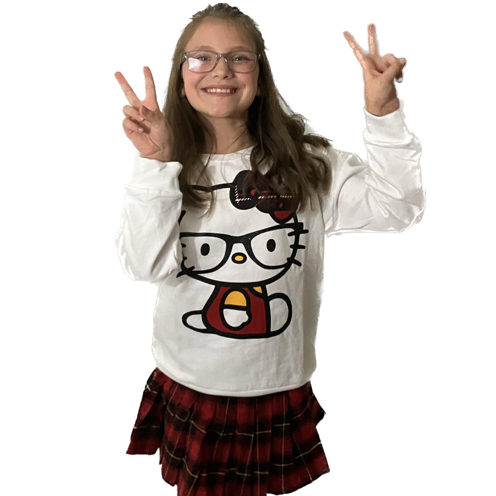 Hello Kitty Little Girls Fleece Sweatshirt and Skirt Plaid White/Red 7-8