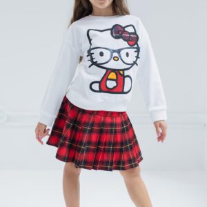 Hello Kitty Little Girls Fleece Sweatshirt and Skirt Plaid White/Red 7-8