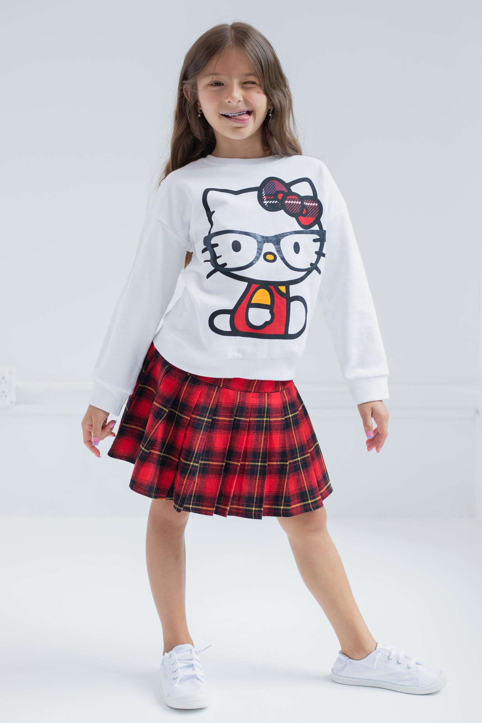 Hello Kitty Little Girls Fleece Sweatshirt and Skirt Plaid White/Red 7-8