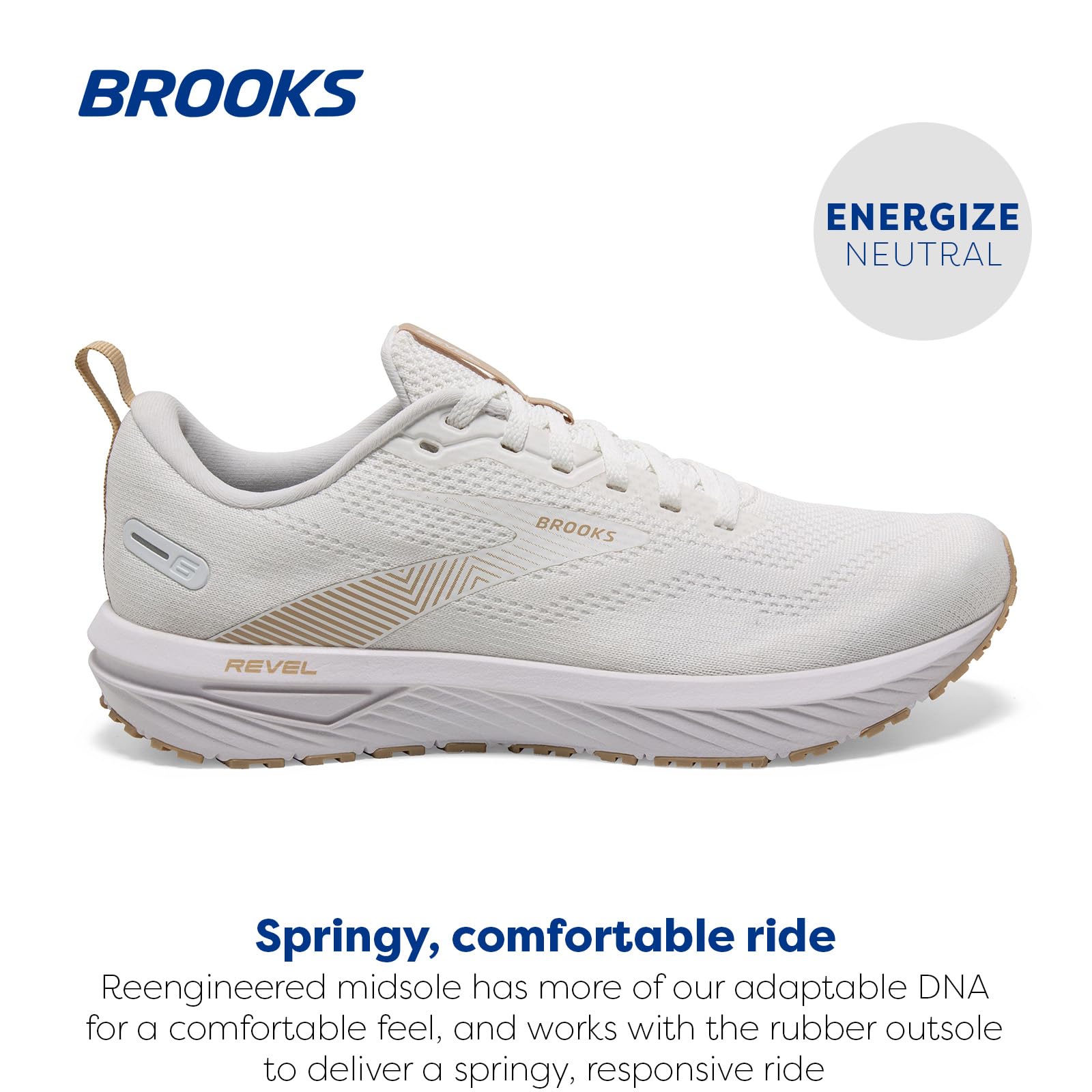 Brooks Women’s Revel 6 Neutral Running Shoe - White/Khaki - 7.5 Medium