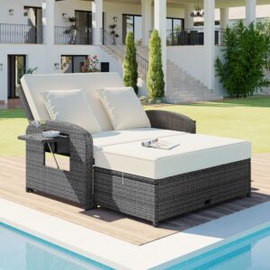 brabrety outdoor rattan double chaise lounge,2-person reclining sunbed with 3-height adjustable back, furniture protection cover and a footrest (white/double*f)