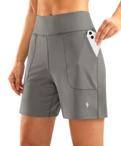 santiny women's 6'' athletic long shorts with 4 pockets high waisted bermuda shorts for women walking running casual (light grey_m)