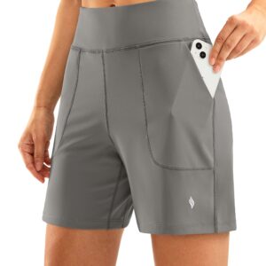 SANTINY Women's 6'' Athletic Long Shorts with 4 Pockets High Waisted Bermuda Shorts for Women Walking Running Casual (Light Grey_M)