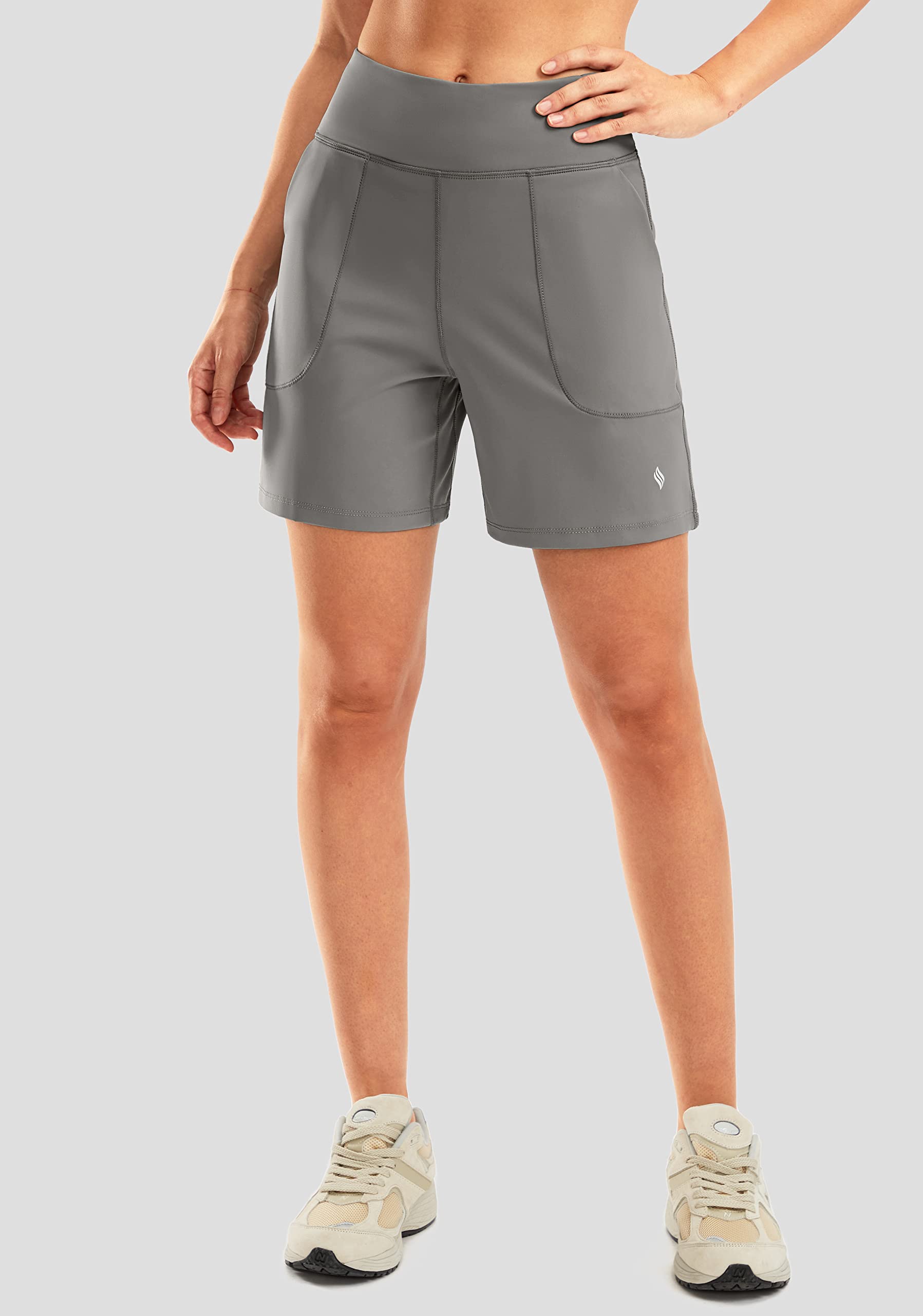 SANTINY Women's 6'' Athletic Long Shorts with 4 Pockets High Waisted Bermuda Shorts for Women Walking Running Casual (Light Grey_M)