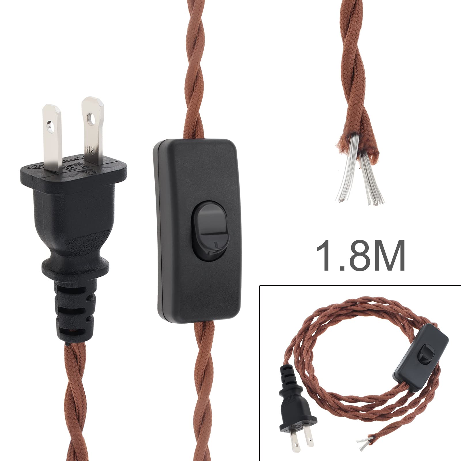 RTNLIT 6Ft Twisted Cloth Covered Lamp Cord with Switch Button and Molded Plug,18-Gauge Fabric Electrical Cord, Stripped Ends Ready for Wiring(1.8m, Brown)