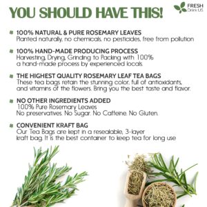 FreshDrinkUS, 100 Rosemary Leaf Tea Bags, Made with 100% Natural Rosemary Dried Leaves, Pure Rosemary Herbal Tea, No Additives, No Caffeine, No Gluten, Vegan.