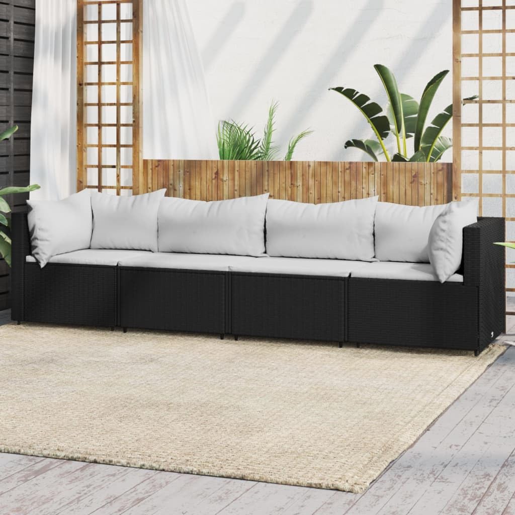 vidaXL Contemporary Black 4-Piece Patio Lounge Set - Weather-Resistant PE Rattan Garden Sofa Set with Powder-Coated Steel Frame, Thick White cushions