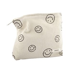 gutgnk makeup bag for women - corduroy cosmetic bags aesthetic design ladies tote bag,women's pencil case,cute smiley face makeup organizer with zipper (beige)