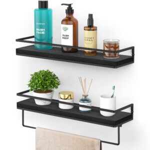 meangood floating shelves wall mounted set of 2, wall shelf with towel bar rustic wood wall storage shelves for bedroom,living room,bathroom, kitchen black