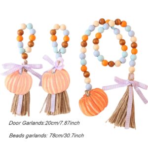 3Pcs Fall Pumpkin Wood Bead Garland with Tassels Decor, Thanksgiving Harvest Bead Garlands Farmhouse Rustic Prayer Beads Hanging Decoration for Tiered Tray Vase Home Kitchen Wall Ornaments (Fall - B)