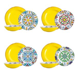 missyip melamine dinnerware set, 12 pcs melamine dishes service for 4, floral melamine plates and bowls sets, for indoor and outdoor use, dishwasher safe, lightweight unbreakable,bpa free (colorful)