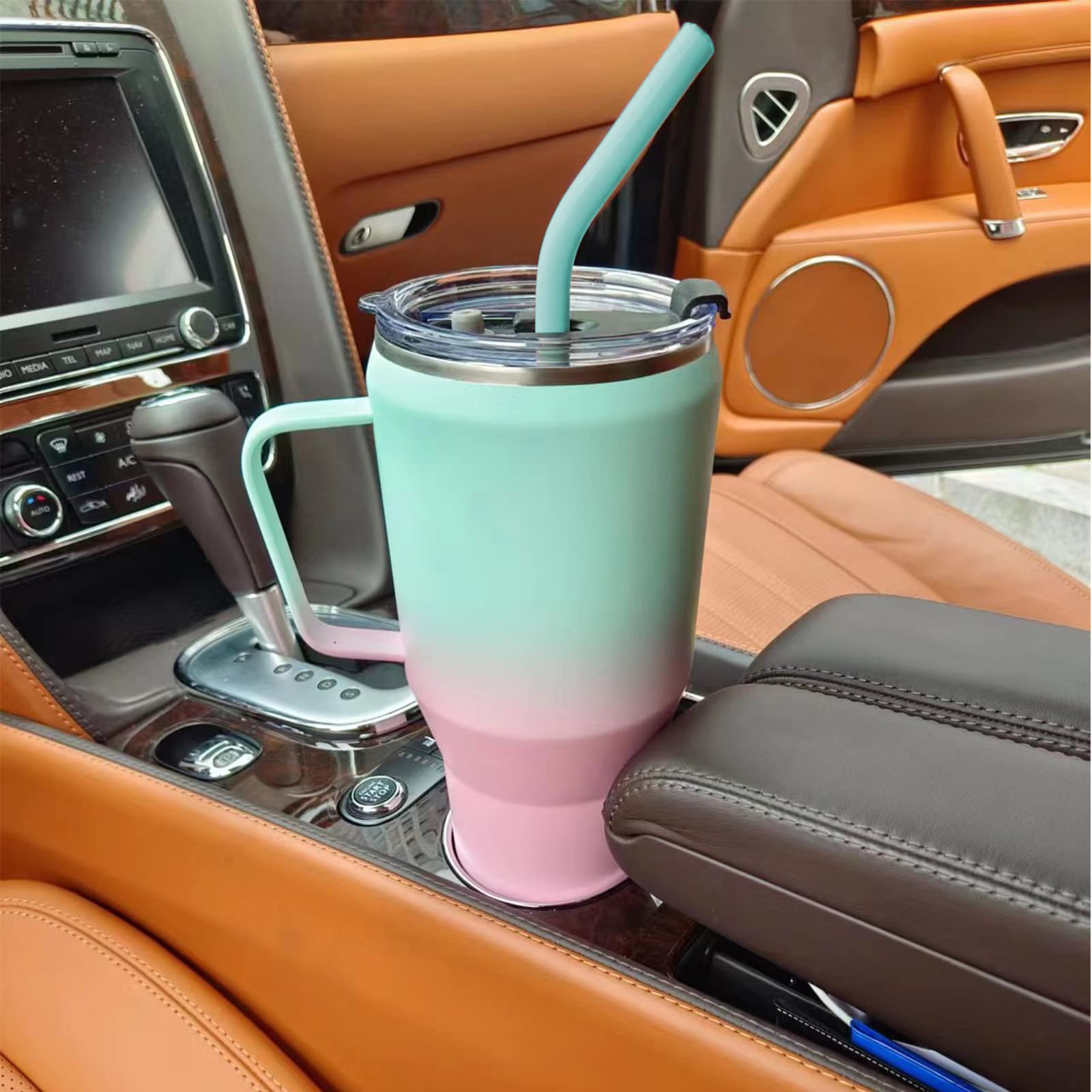 MUCHENGHY 40 oz Tumbler with Handle and Straw Lid, Leak Proof Double Vacuum Stainless Steel Tumblers Insulated Travel Coffee Mug with Lids Green Pink