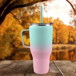 MUCHENGHY 40 oz Tumbler with Handle and Straw Lid, Leak Proof Double Vacuum Stainless Steel Tumblers Insulated Travel Coffee Mug with Lids Green Pink