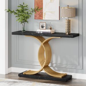 tribesigns gold entryway table, modern 39-inch console table accent table with geometric metal legs, faux marble narrow wood sofa table foyer table for entrance, living room (gold & black)