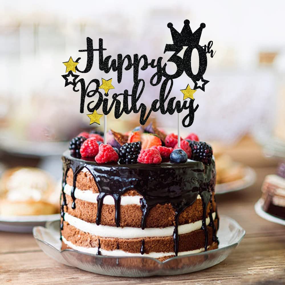 Happy 30th Birthday Cake Topper, Black Glitter Star 30 & Fabulous Birthday Cake Pick for 30th Birthday Anniversary Party Cheers to 30 Cake Decorations Supplies