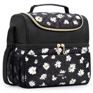 tourit dual compartment lunch bag women insulated lunch box cooler bag for men, women, work, picnic, black with daisy