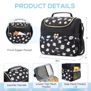 TOURIT Dual Compartment Lunch Bag Women Insulated Lunch Box Cooler Bag for Men, Women, Work, Picnic, Black with Daisy