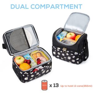 TOURIT Dual Compartment Lunch Bag Women Insulated Lunch Box Cooler Bag for Men, Women, Work, Picnic, Black with Daisy