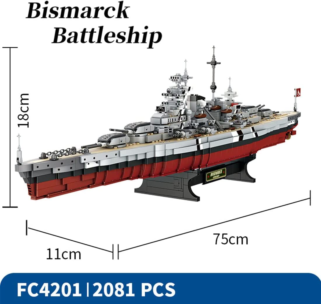 FULHOLPE Bismarck Class Battleship Building Blocks Set, MOC Military Warship Model Bricks Construction Toy Compatible with Major Brands - 2081 Pieces