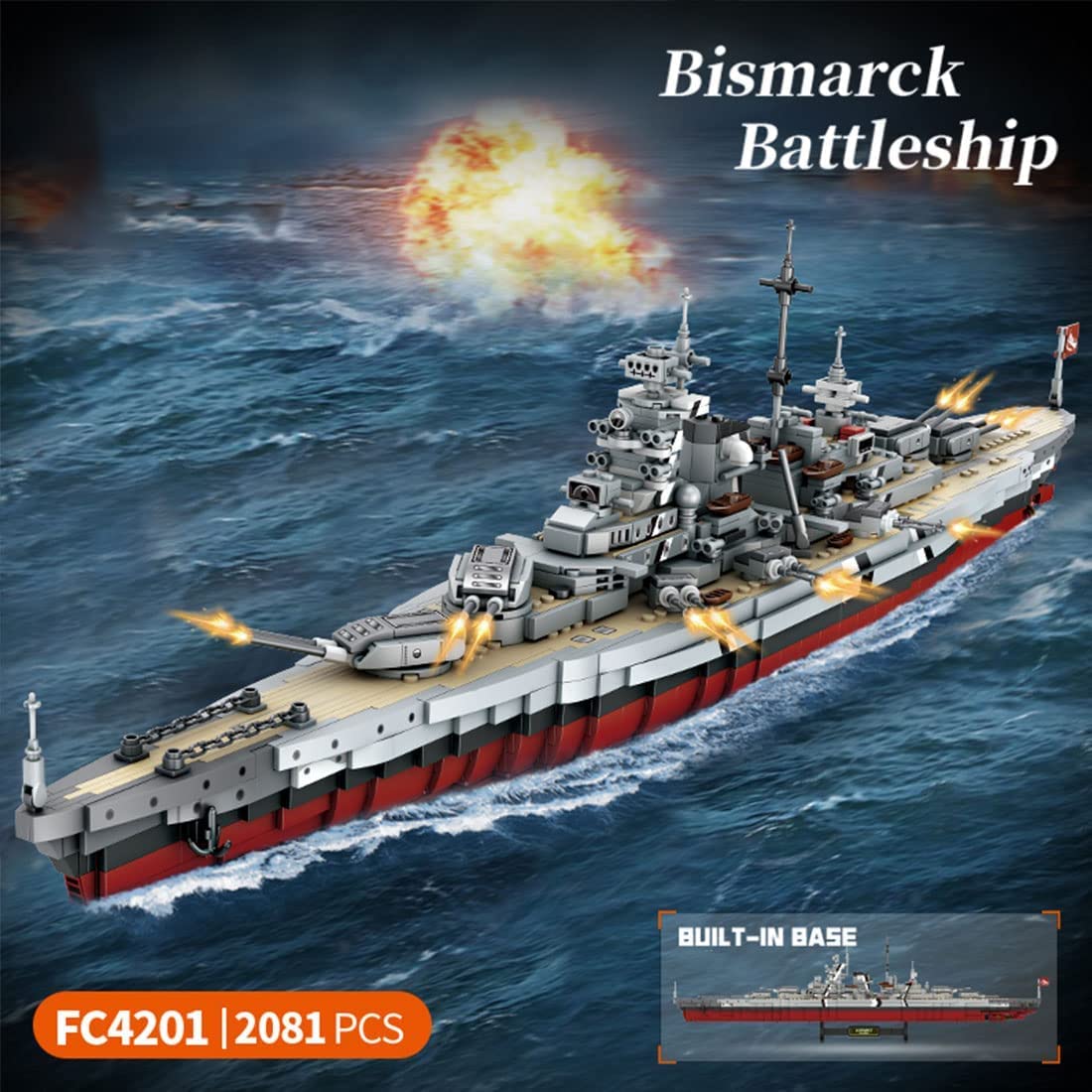 FULHOLPE Bismarck Class Battleship Building Blocks Set, MOC Military Warship Model Bricks Construction Toy Compatible with Major Brands - 2081 Pieces