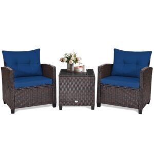 kotek 3 piece patio furniture set, outdoor conversation set with washable cushions & tempered glass tabletop, pe rattan wicker bistro set for porch, garden, balcony (navy blue)