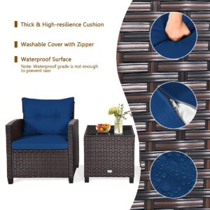 KOTEK 3 Piece Patio Furniture Set, Outdoor Conversation Set with Washable Cushions & Tempered Glass Tabletop, PE Rattan Wicker Bistro Set for Porch, Garden, Balcony (Navy Blue)