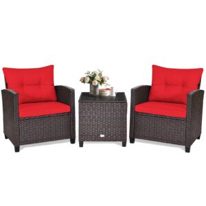 kotek 3 piece patio furniture set, outdoor conversation set with washable cushions & tempered glass tabletop, pe rattan wicker bistro set for porch, garden, balcony (red)