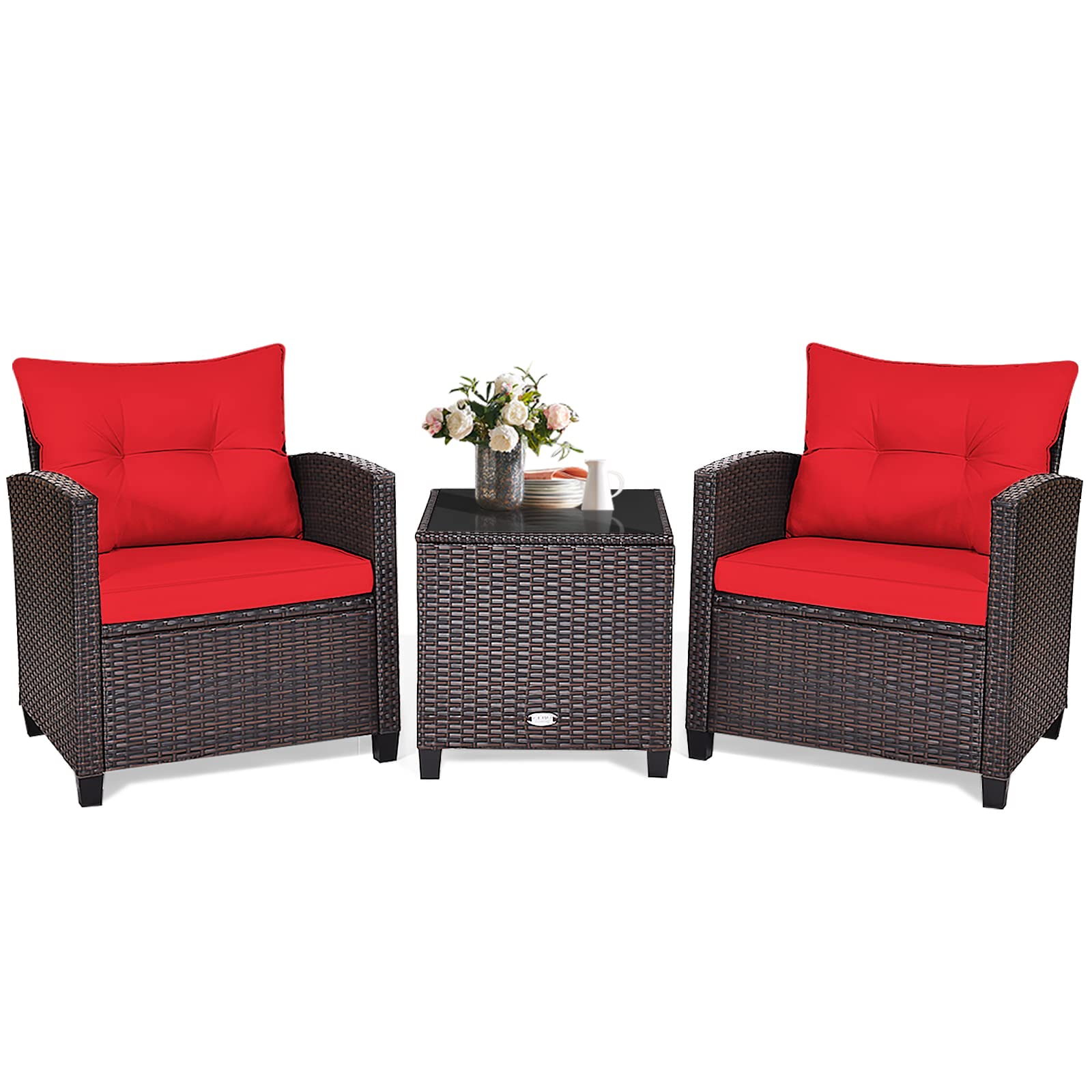 KOTEK 3 Piece Patio Furniture Set, Outdoor Conversation Set with Washable Cushions & Tempered Glass Tabletop, PE Rattan Wicker Bistro Set for Porch, Garden, Balcony (Red)