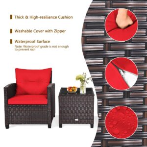 KOTEK 3 Piece Patio Furniture Set, Outdoor Conversation Set with Washable Cushions & Tempered Glass Tabletop, PE Rattan Wicker Bistro Set for Porch, Garden, Balcony (Red)