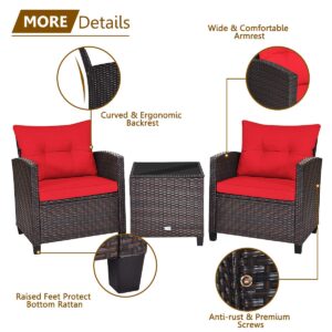 KOTEK 3 Piece Patio Furniture Set, Outdoor Conversation Set with Washable Cushions & Tempered Glass Tabletop, PE Rattan Wicker Bistro Set for Porch, Garden, Balcony (Red)