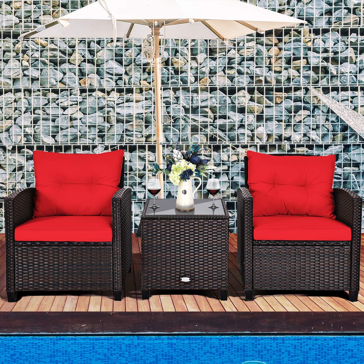 KOTEK 3 Piece Patio Furniture Set, Outdoor Conversation Set with Washable Cushions & Tempered Glass Tabletop, PE Rattan Wicker Bistro Set for Porch, Garden, Balcony (Red)