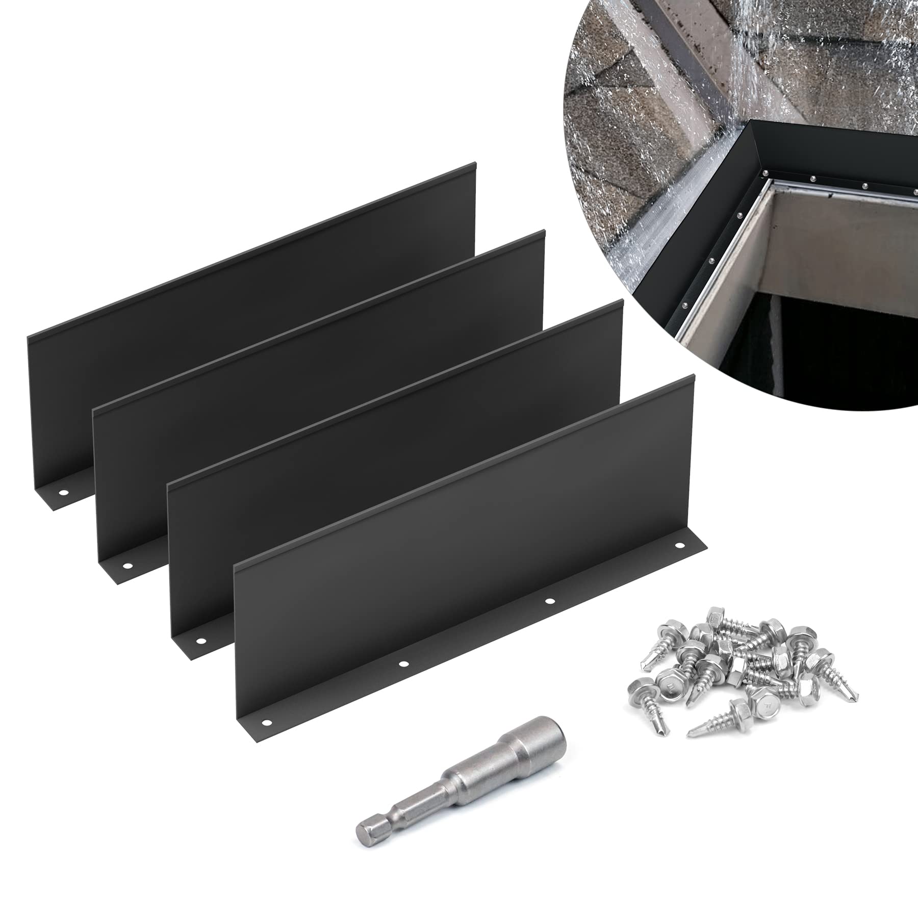 Flamorrow 4 Pack Aluminum Gutter Valley Splash Guards, Rainwater Roofing Gutter Guard, Straight Gutter Splash Guard for Flat Shingle Roofs, Valley, Corner, Black