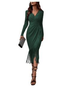 wdirara women's fringe wrap ruched v neck long sleeve solid bodycon party maxi dress dark green xl